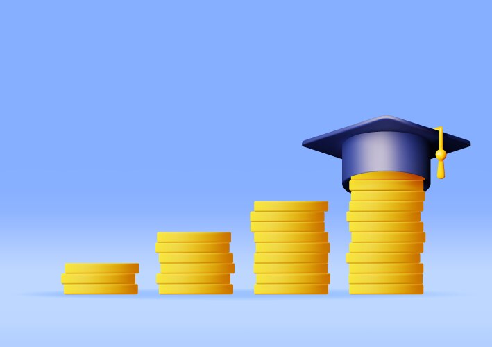 3d graduation cap and gold coin stacks Royalty Free Vector