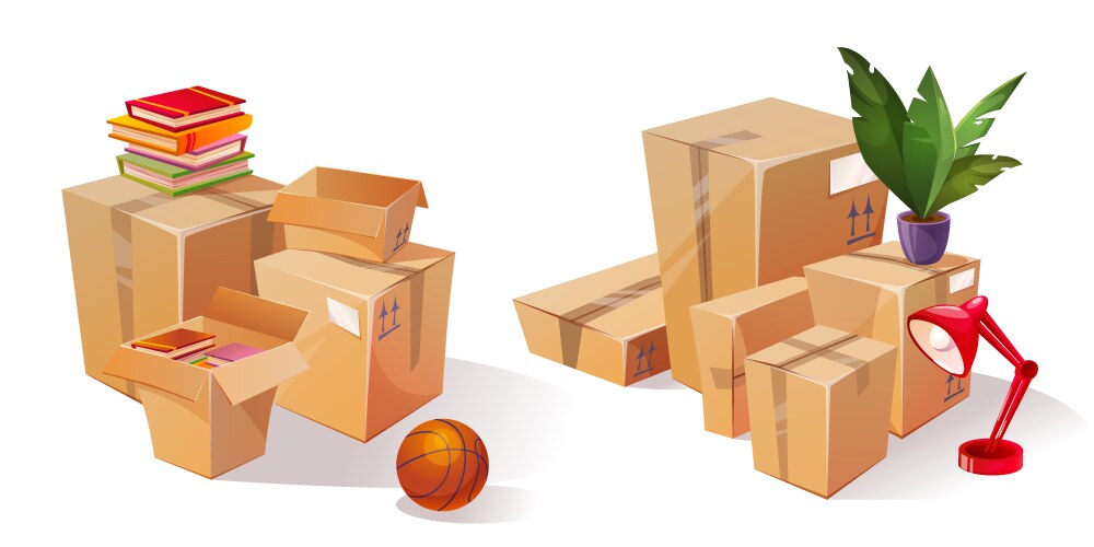 Cardboard Boxes With Stuff In Empty Room Vector Image