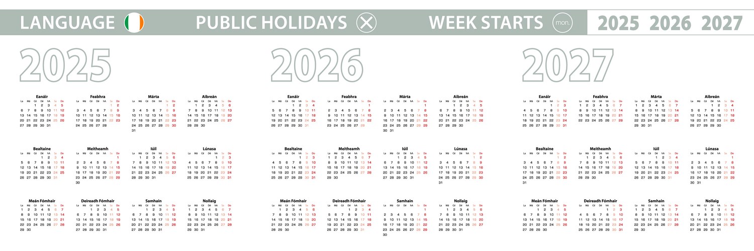 2025-2027 Irish Calendar – Royalty-Free Vector | VectorStock