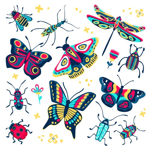 Set of cute joyful insects isolated on white Vector Image