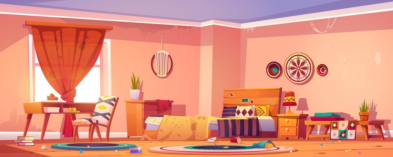 Student small room cartoon bedroom Royalty Free Vector Image