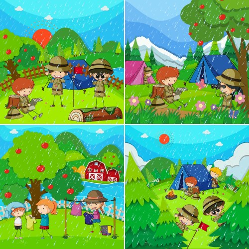 Children wearing raincoats in rainy season Vector Image