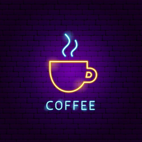 Coffee neon banner cup sign on wall Royalty Free Vector