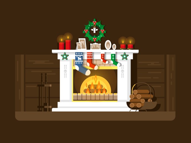 Postcard with christmas fireplace burning Vector Image