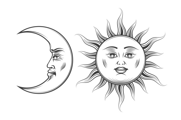 Hand drawn golden sun and moon with cloud Vector Image