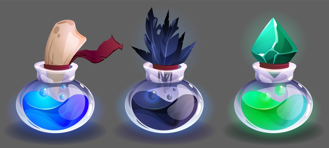 Set potions in glass round bottles with icons Vector Image