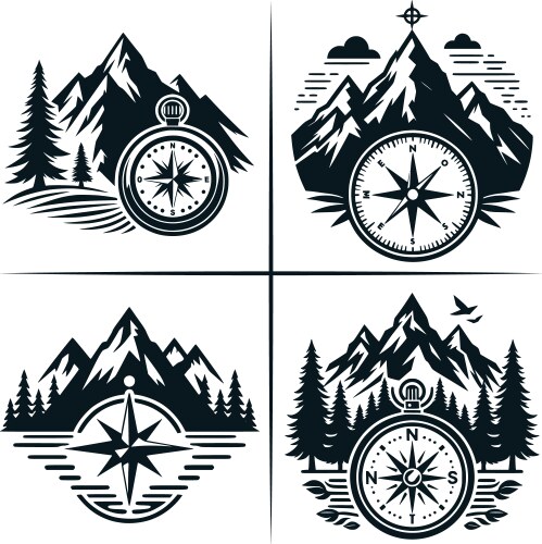 Compass with mountain scene silhouette file Vector Image