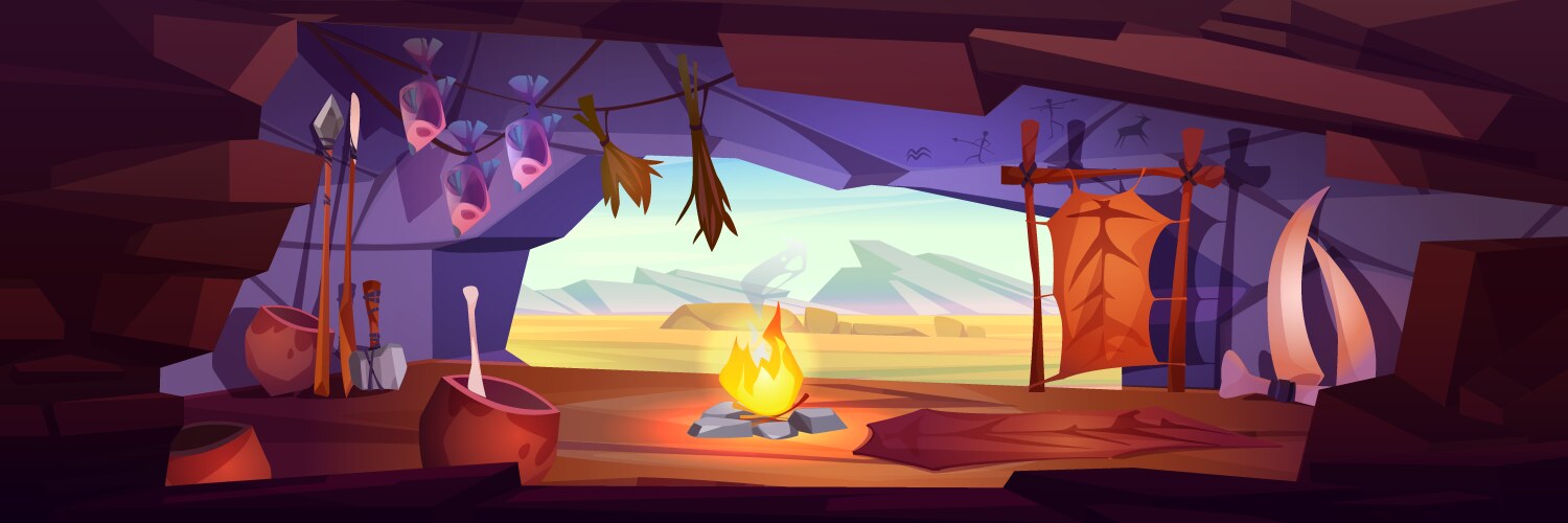 Stone age cave interior with bonfire tools Vector Image