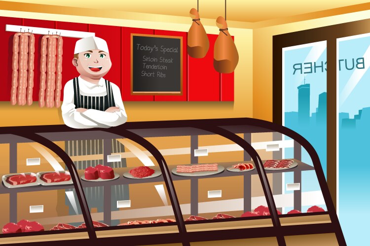 Shopkeeper and customer at vegetables vendor Vector Image