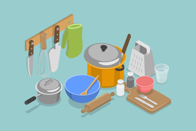 Kitchen shelves with cookware and cooking Vector Image