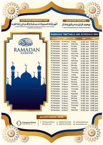 Ramadan sehar iftar timing calendar 2025 Vector Image