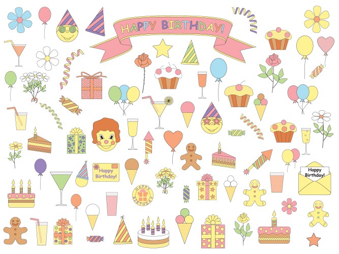 Happy birthday symbols set Royalty Free Vector Image