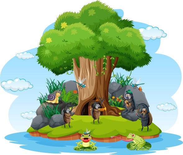 Cartoon insect and beetle in the forest Royalty Free Vector