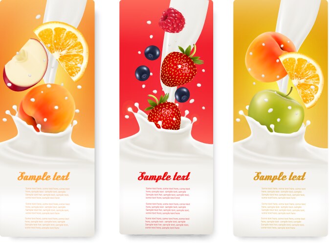 Three labels with different fruit falling Vector Image