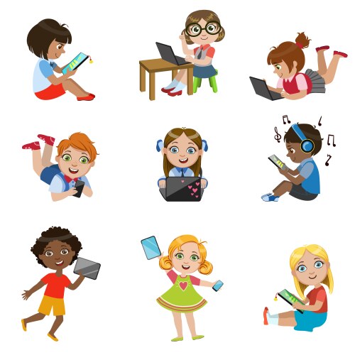 Different kids using computer Royalty Free Vector Image