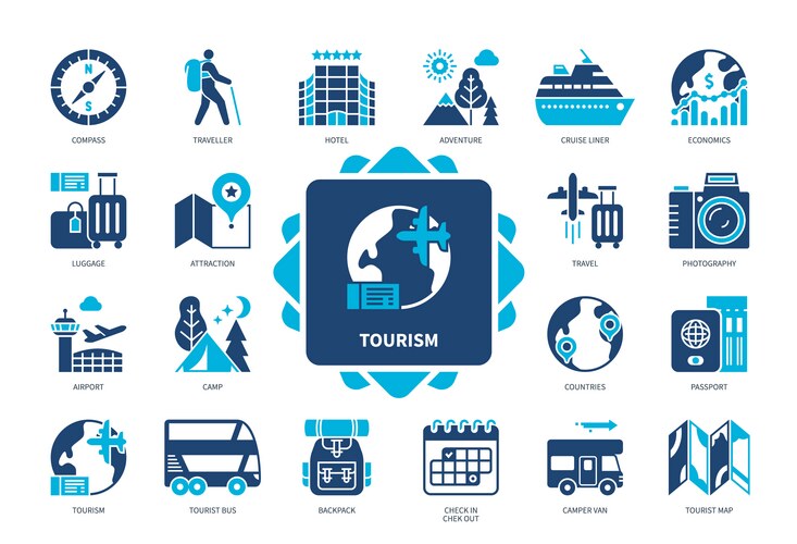 Tourism tourist icons set Royalty Free Vector Image