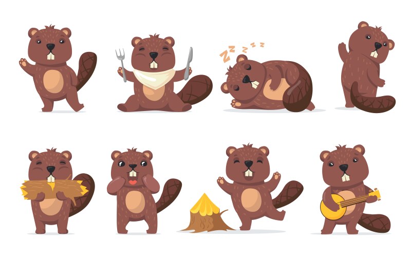 Beaver wild animal set funny Royalty Free Vector Image