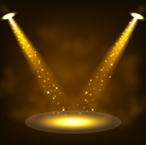 Gold spotlights shining in dark place background Vector Image