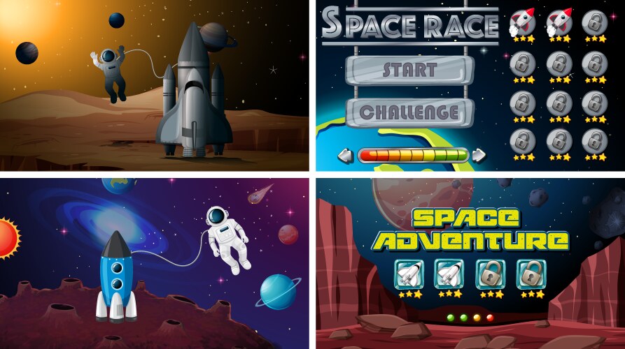 Gui app screens for space adventure game Vector Image