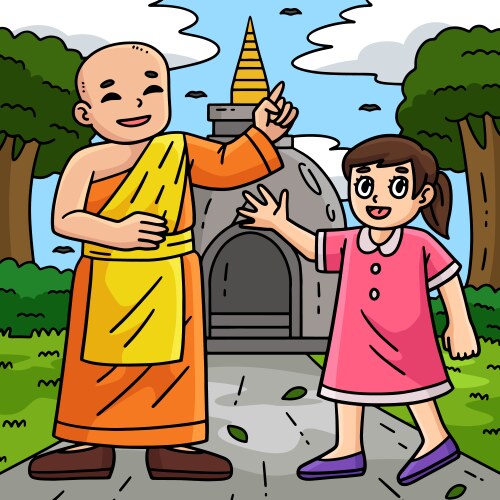 Buddhism buddhist monk and temple colored cartoon Vector Image