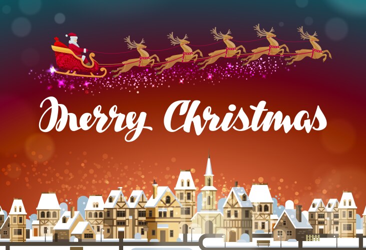 Santa rides reindeer sleigh flying in the sky Vector Image