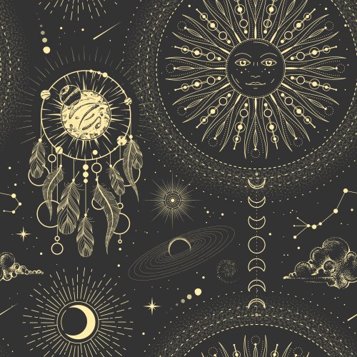 Magic seamless pattern with gold sun moon Vector Image
