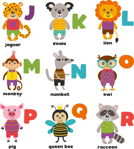 Alphabet card with cute animals j to r Royalty Free Vector