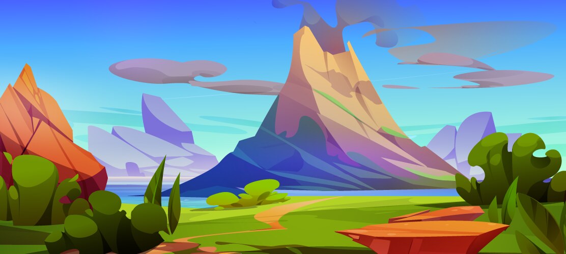 Volcano eruption landscape cartoon background Vector Image