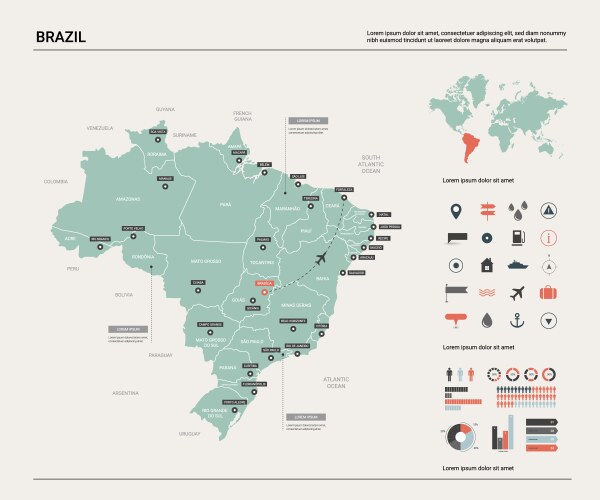 Brazil political map with selectable territories Vector Image