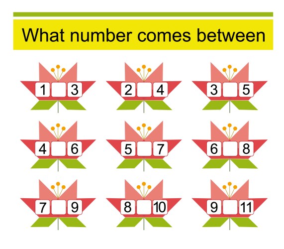 What number comes between math worksheets Vector Image