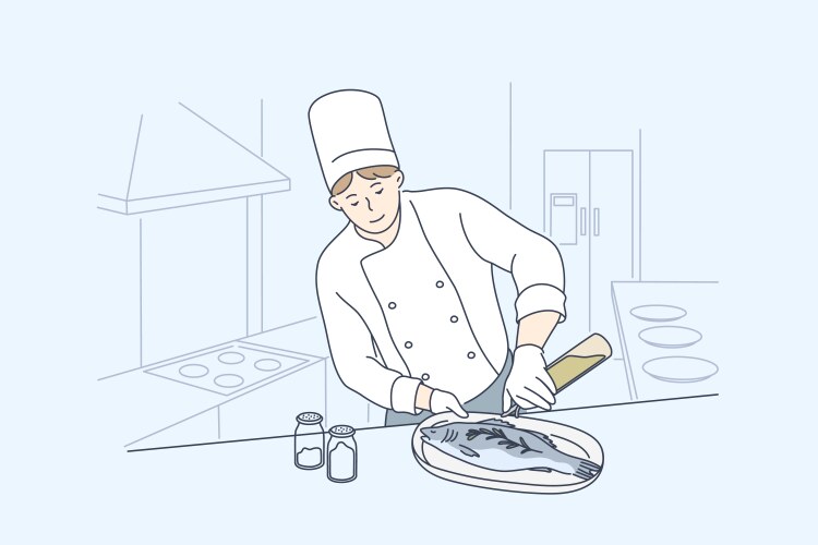 Cartoon chef fish holding a soup ladle Royalty Free Vector