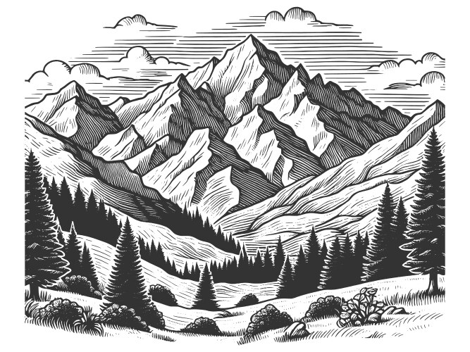 Mountain route with forest engraving Royalty Free Vector