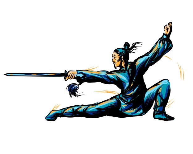 Master wushu shaolin warrior in a jump Royalty Free Vector