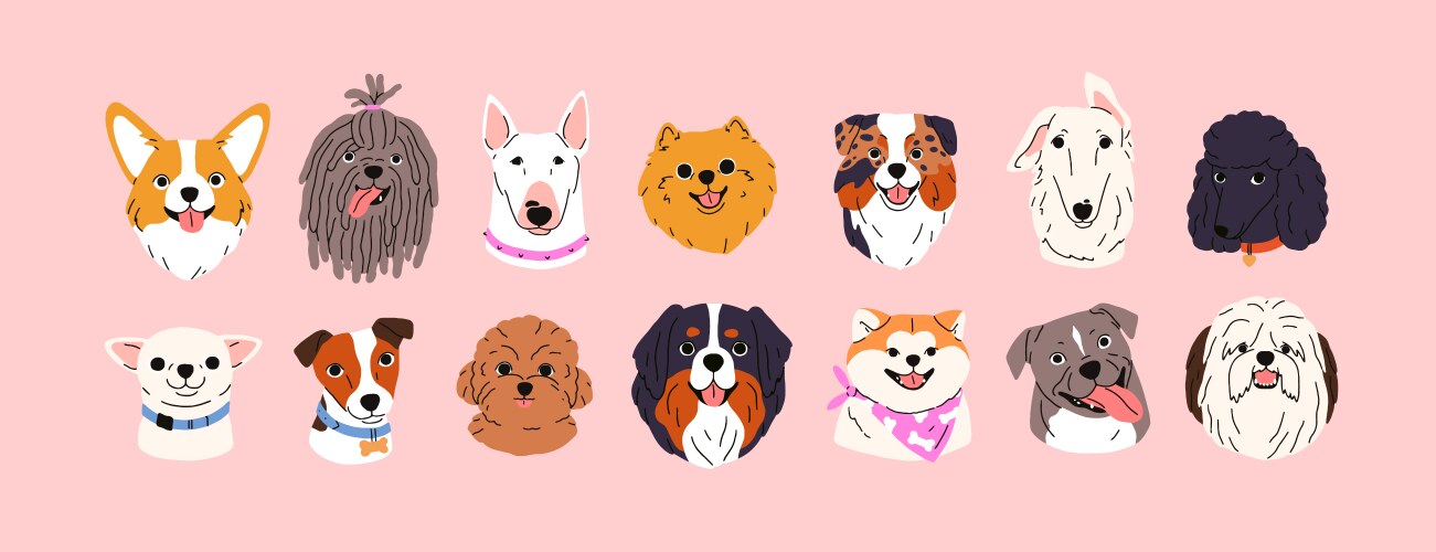 Cute dogs faces set canine head portraits Vector Image