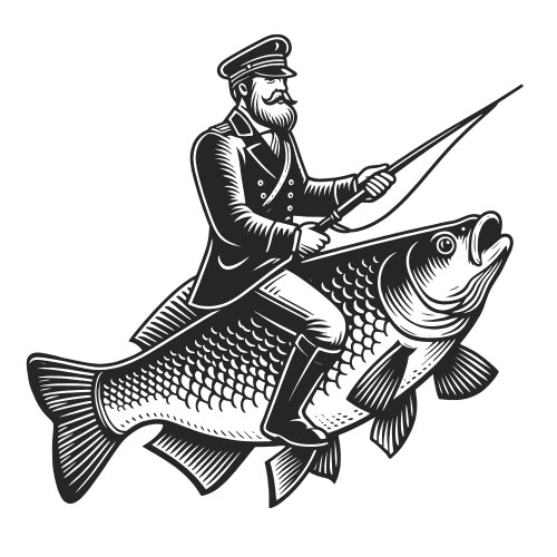 Pirate captain riding fish sketch Royalty Free Vector Image