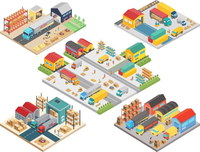Logistics isometric icons set with cargo trucks Vector Image