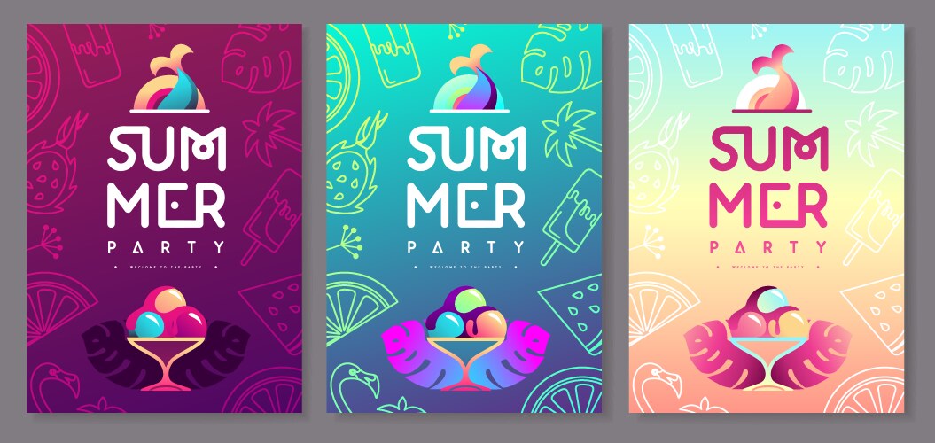 Set of fluorescent flat summer disco party posters