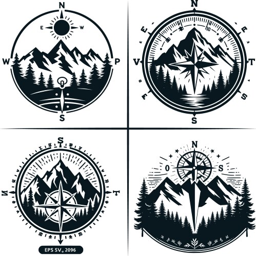 Compass with mountain scene silhouette file Vector Image