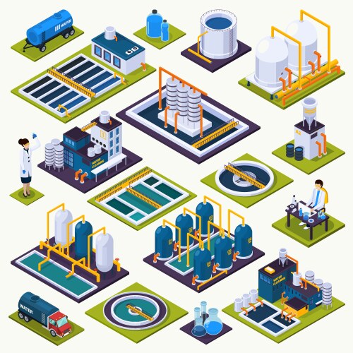 Wastewater purification isometric icons set Vector Image