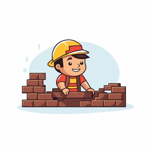 Cartoon worker building a brick wall Royalty Free Vector