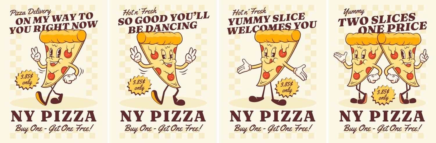 Groovy pizza retro character poster cartoon food Vector Image