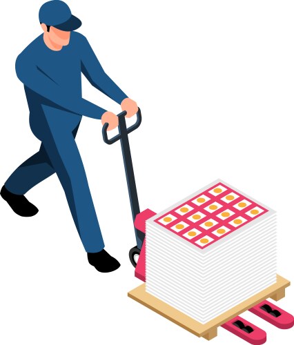 Man with hand pallet jack Royalty Free Vector Image
