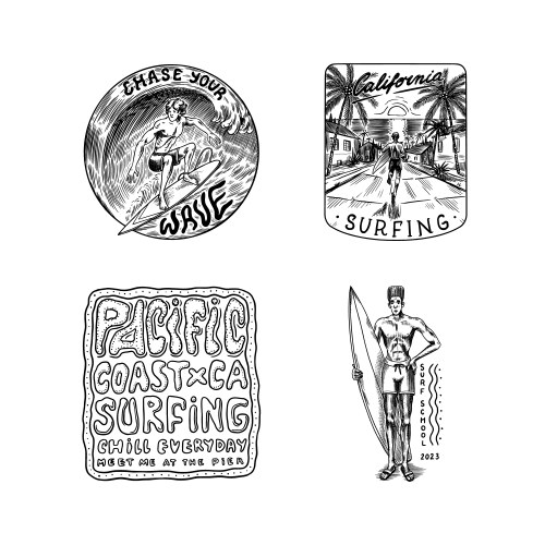 Vintage surf logos monochrome set Royalty Free Vector Image