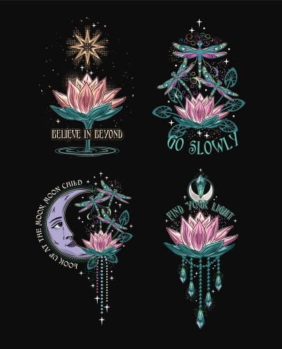 Mysterious labels with dragonfly lotus text Vector Image