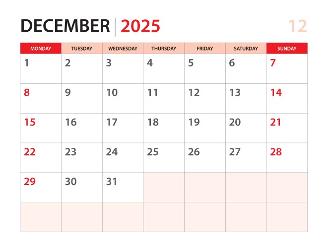 Calendar planner 2025- december 2025 template Vector Image