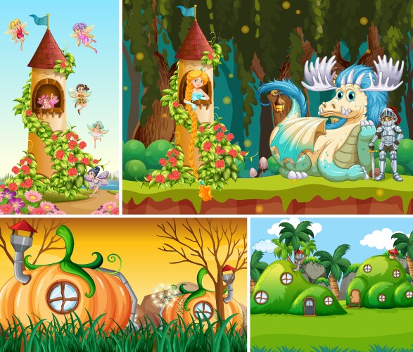 Four different scene fantasy world Royalty Free Vector Image