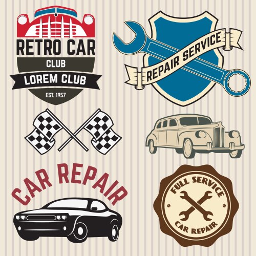 Vintage repair workshop color logo set Royalty Free Vector