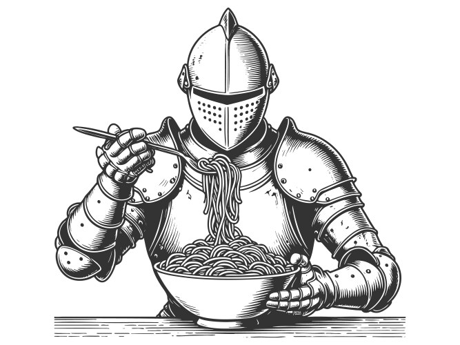 Humorous knight in full armor with sword Vector Image