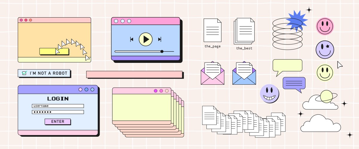Big set of retro vaporwave desktop browser Vector Image Big set of retro vaporwave desktop browser Vector Image