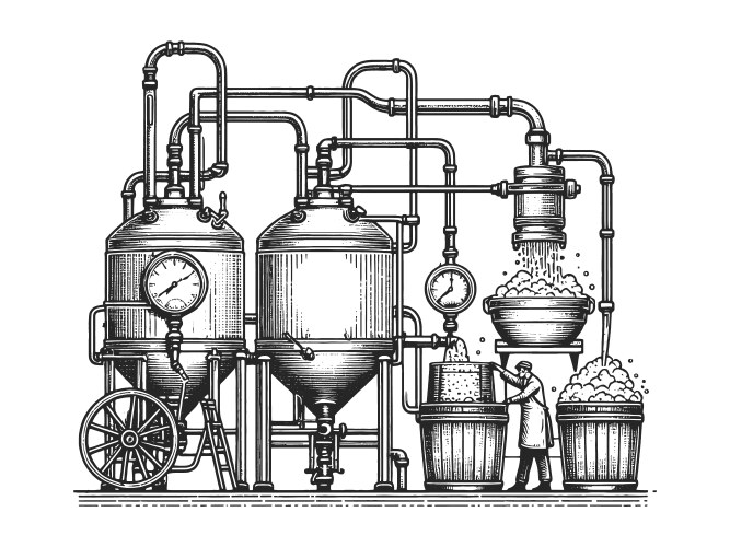 Beer brewing process factory sketch Royalty Free Vector